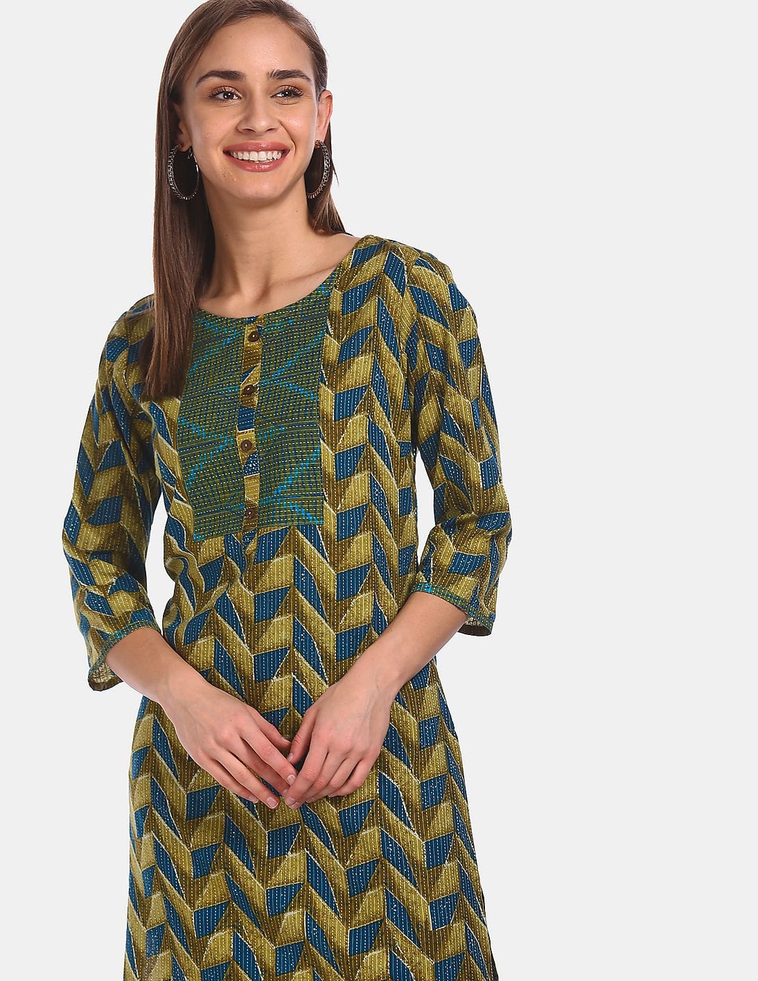 Buy Karigari Women Green And Teal Geometric Print Cotton Kurta - NNNOW.com